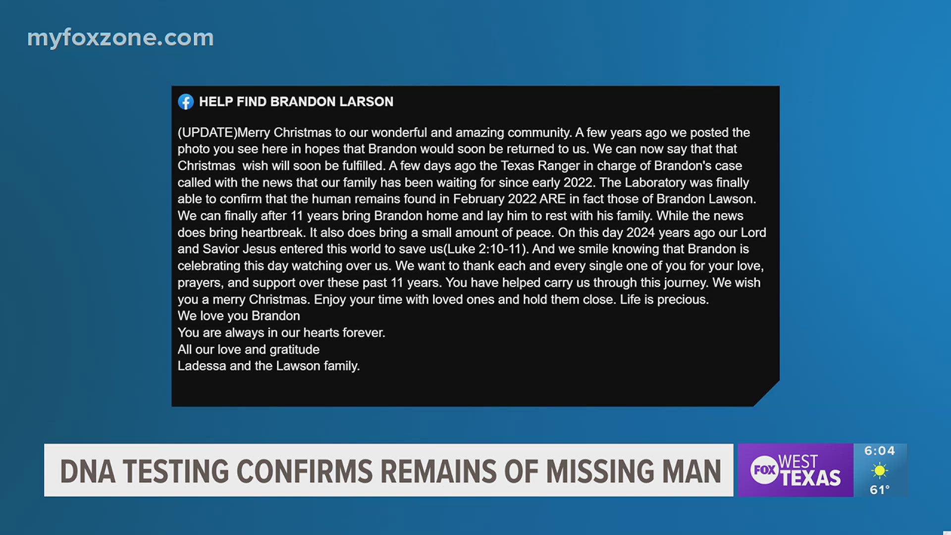 DNA confirms remains of missing Texas man Brandon Lawson | myfoxzone.com