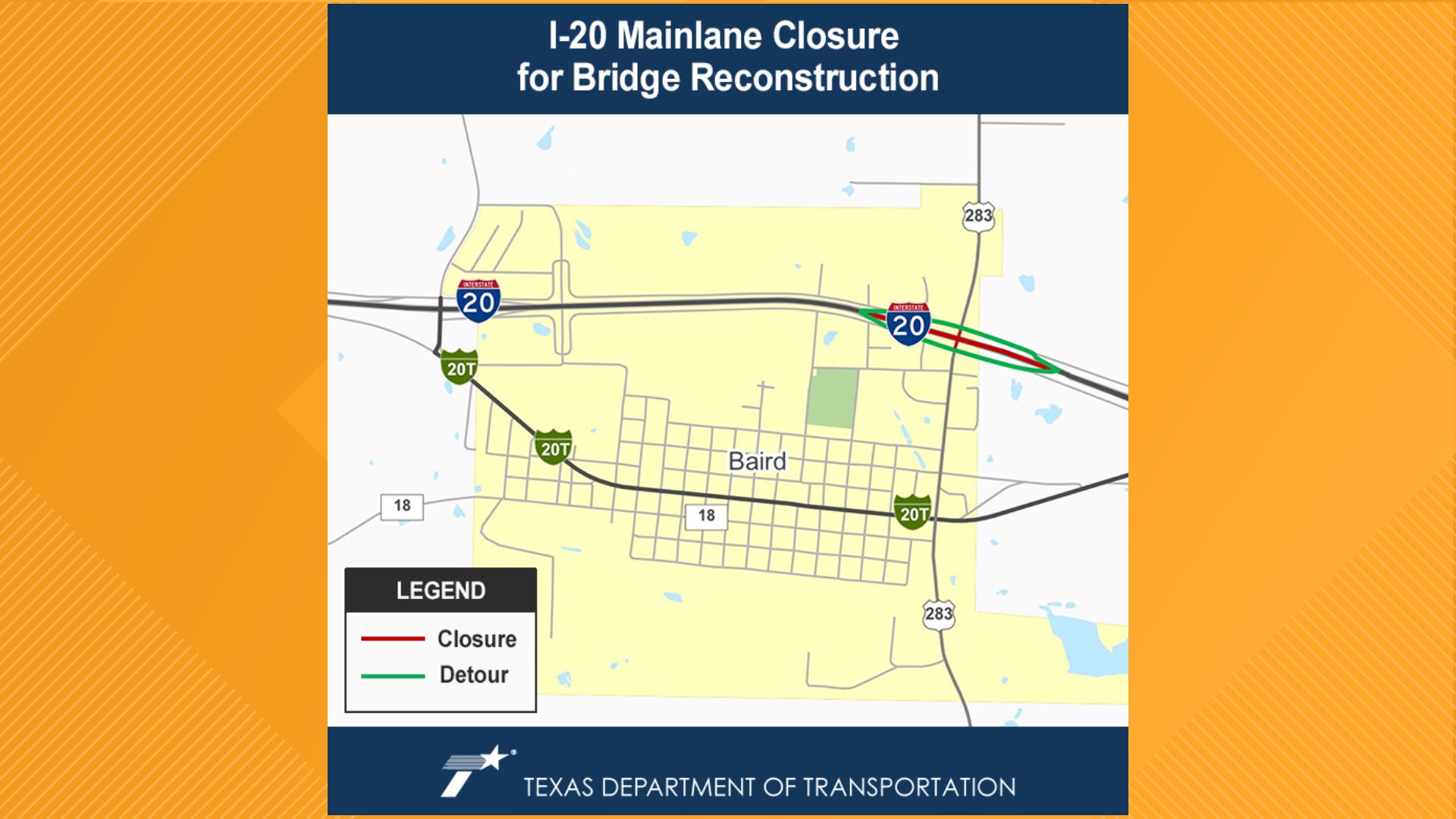TxDOT: Main lanes of I-20 at US 283 at Baird will be closed | myfoxzone.com
