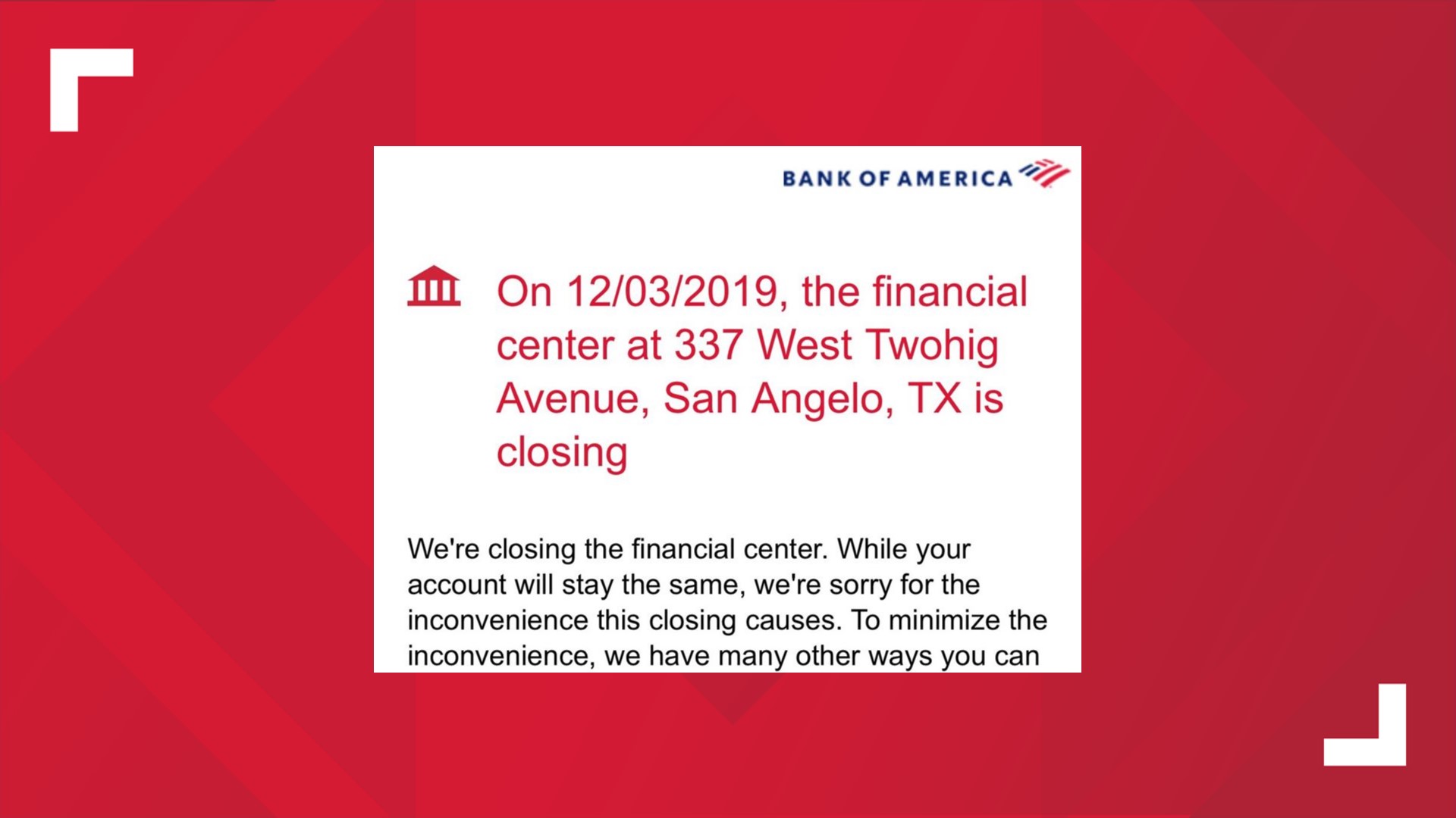 San Angelo Bank of America locations will close Dec. 3 | myfoxzone.com